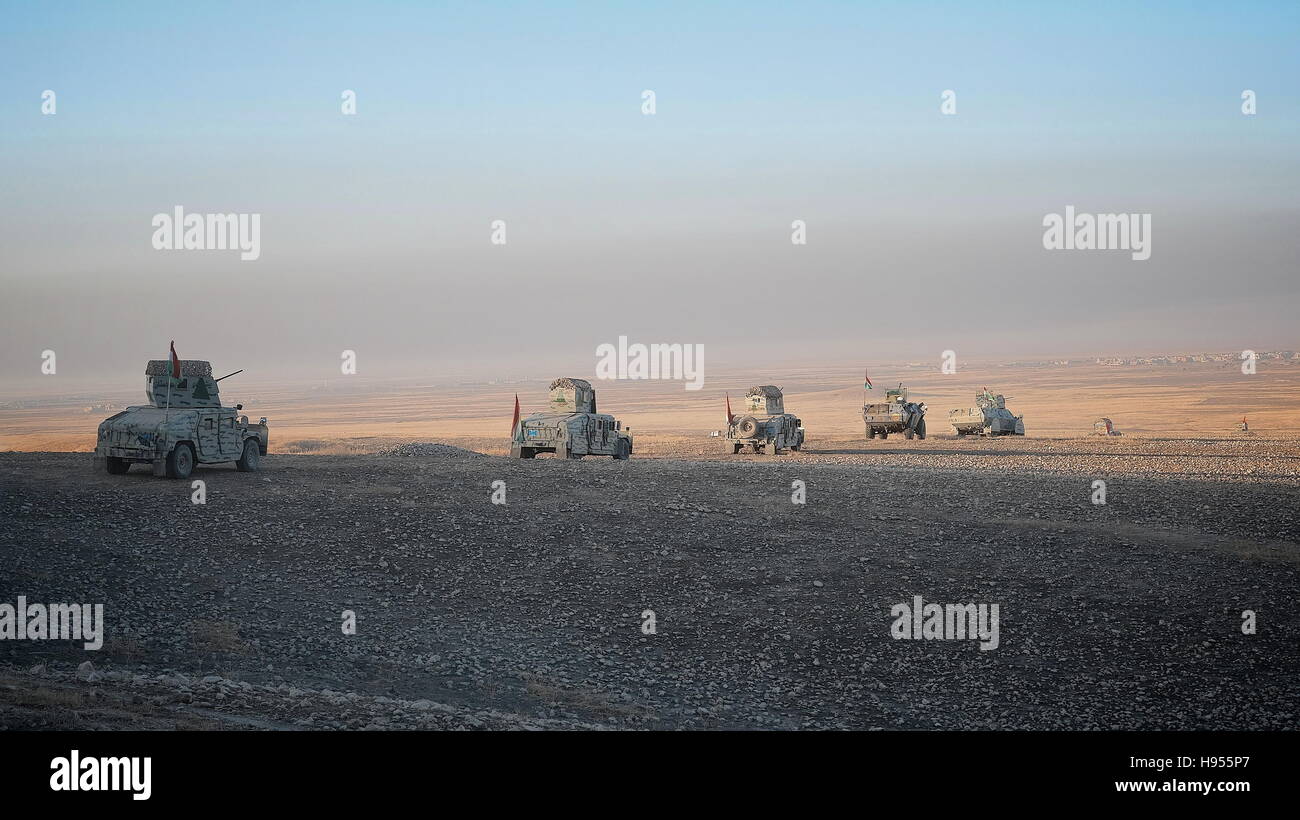 Mosul, Iraq. 17th Oct, 2016. Peshmerga armored units roll through the ...