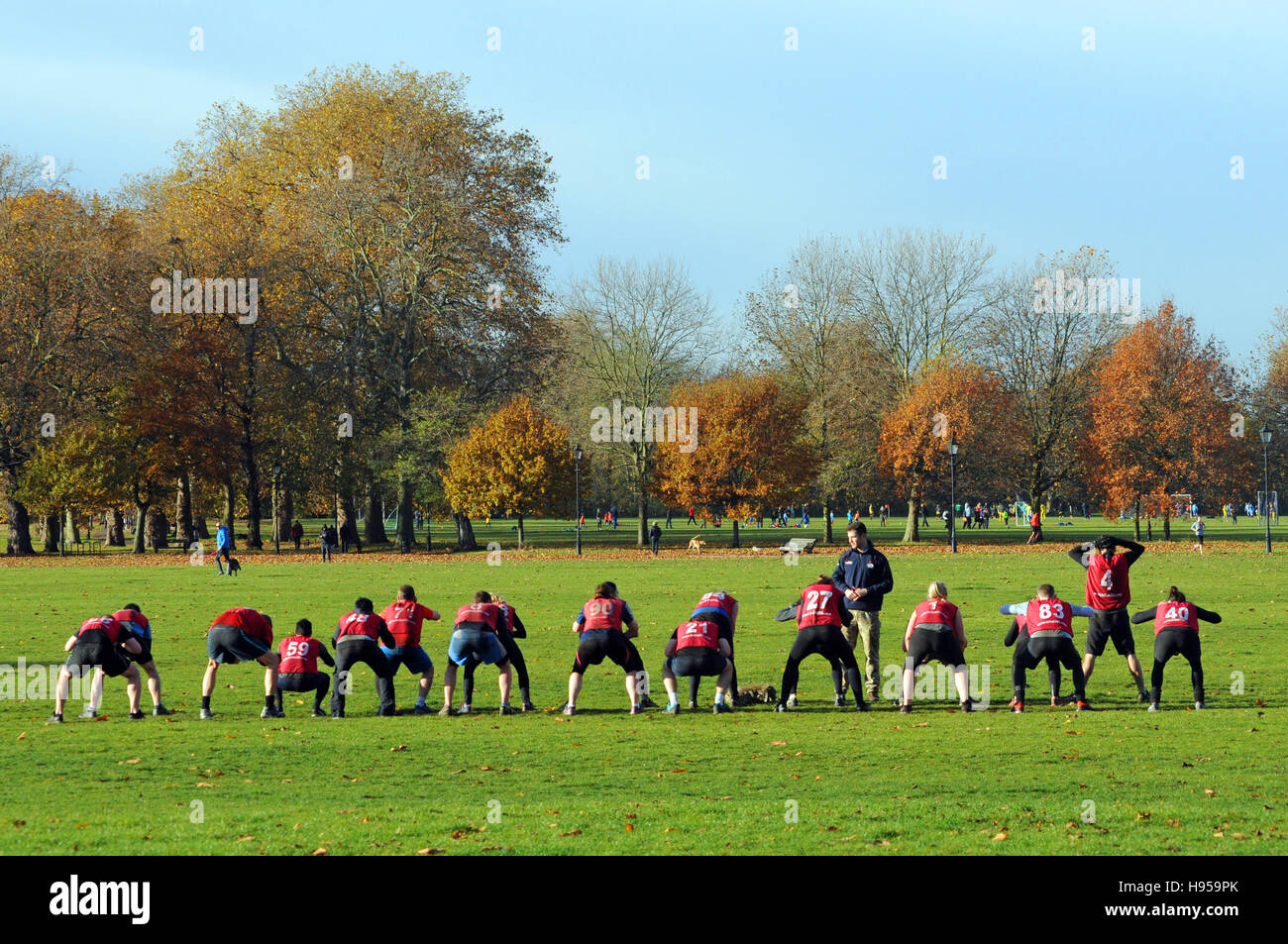 London, UK, 19/11/2016, Football team in training on Clapham Common ...