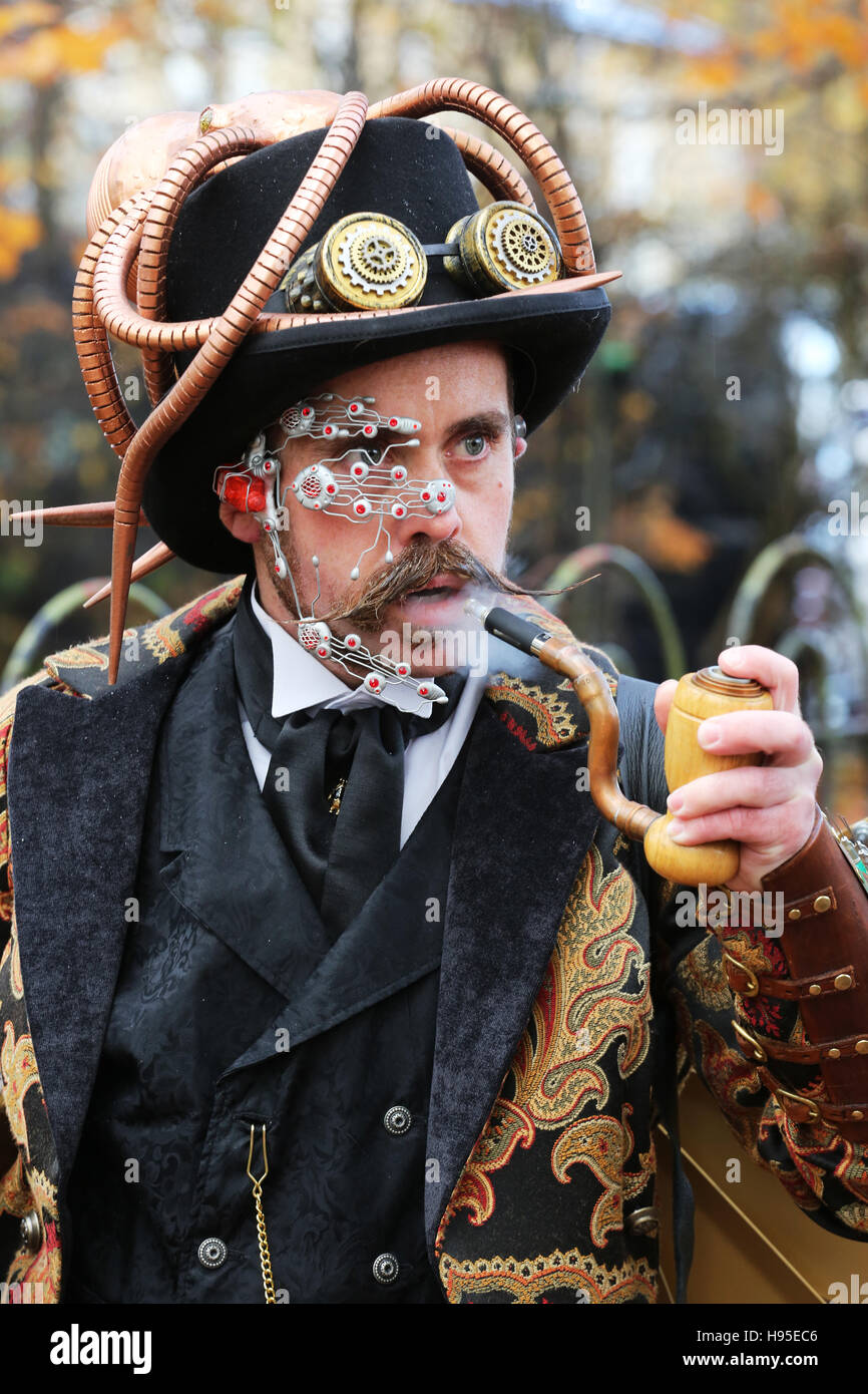 Haworth, UK. 19th Nov, 2016. A man wearing Steampunk designed clothing ...