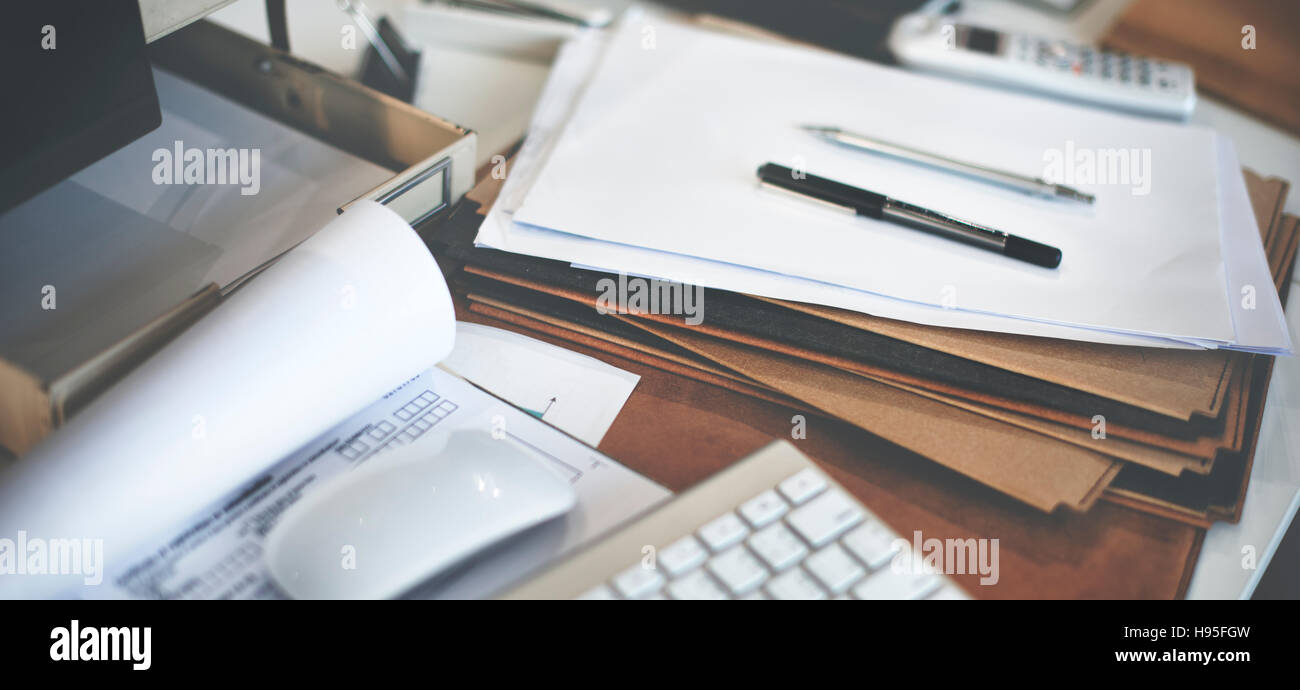 Business Busy Workplace Desk Objects Concept Stock Photo - Alamy