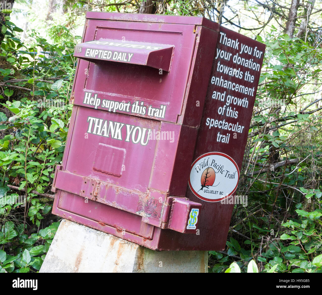 A donation box on the Wild Pacific Trail at Ucluelet British Columbia ...