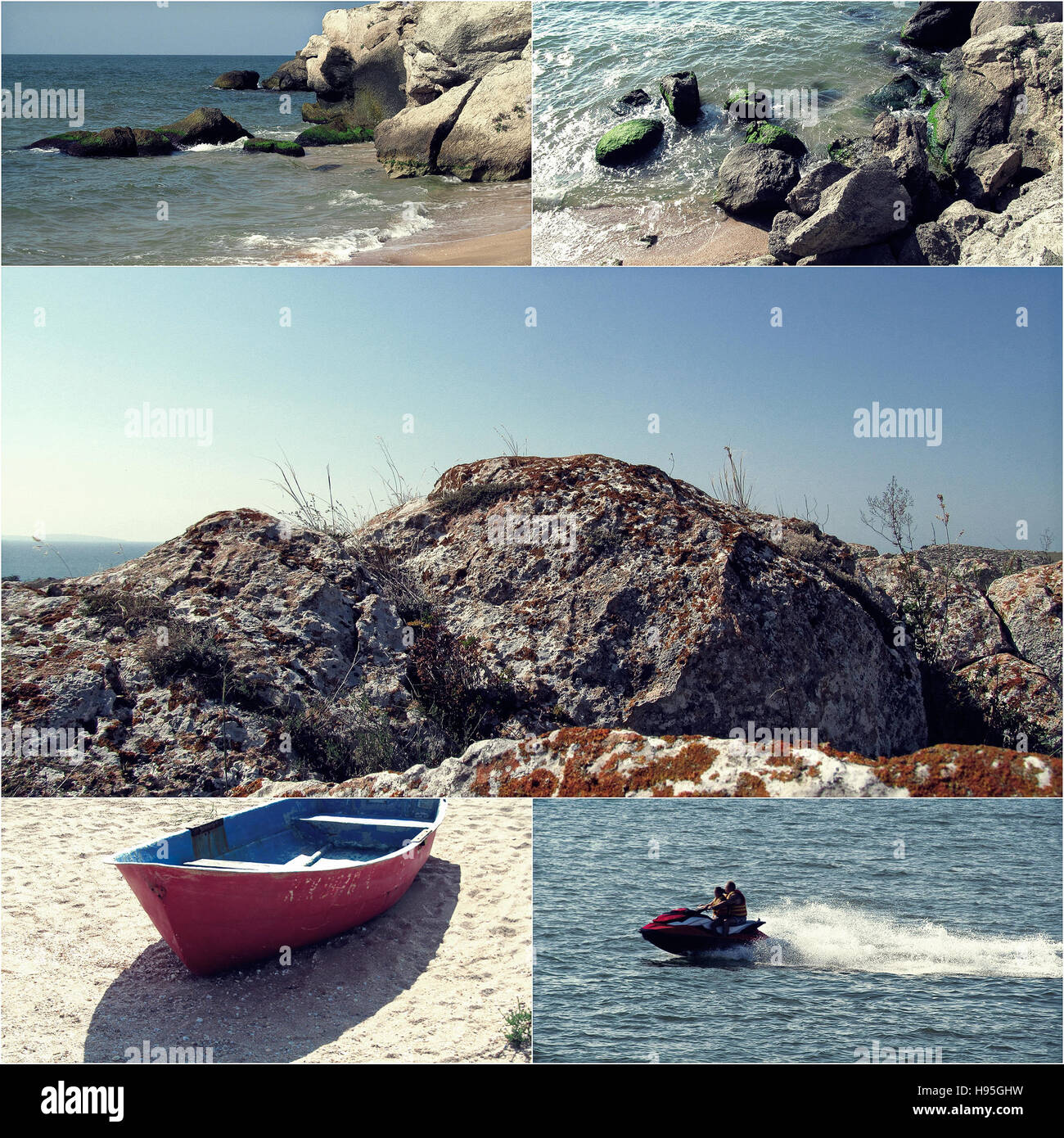 Collage of sea photos with sand, tide, rocky coast and jet boat Stock ...