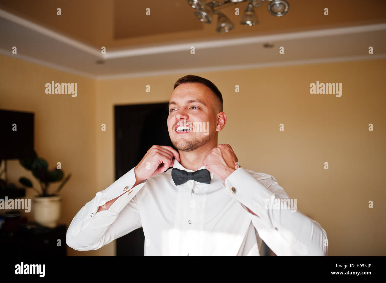 Man wearing bow tie on shirt. Gathering of groom on wedding day Stock ...