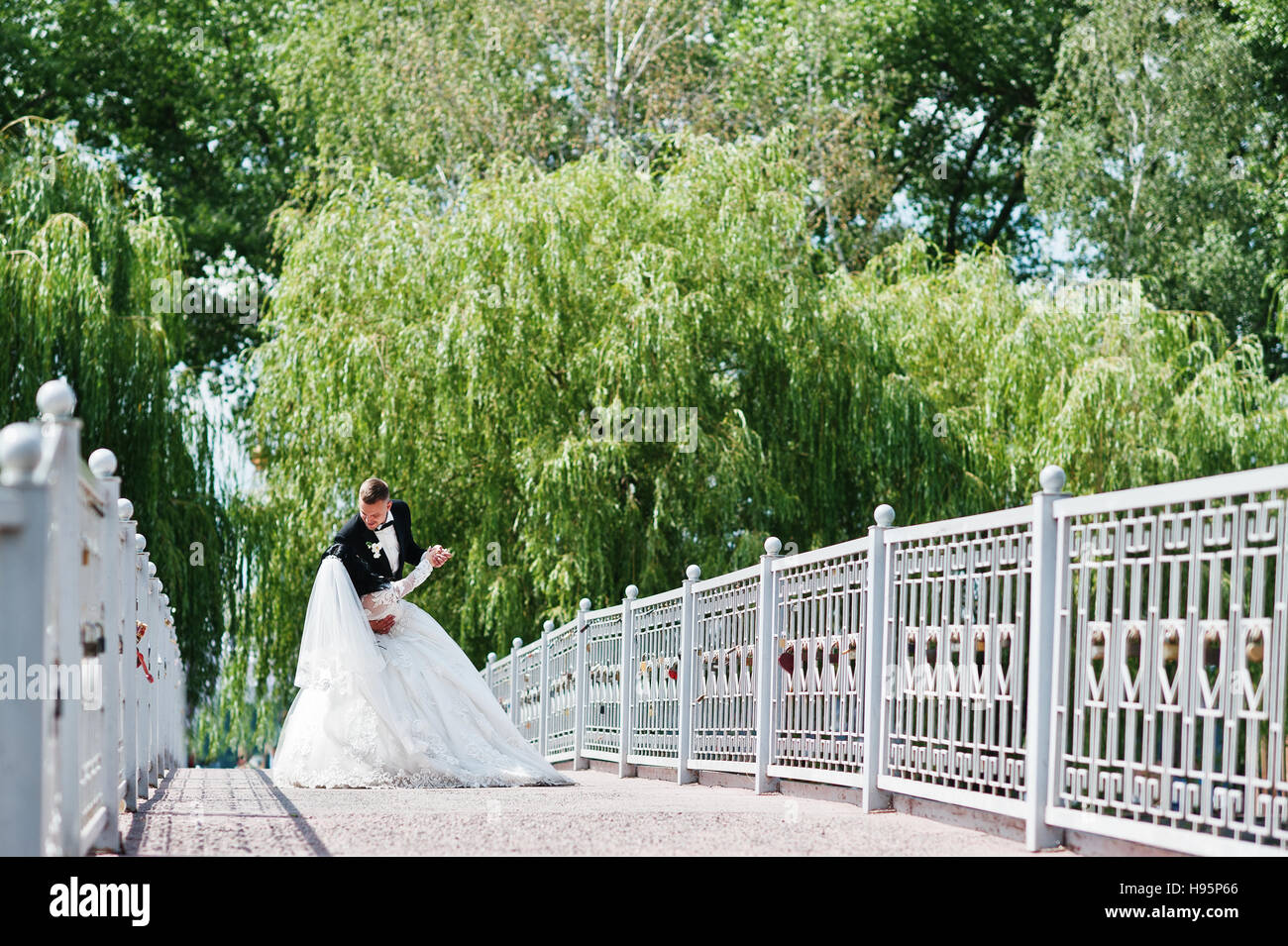 Dancing wedding couple on bridge background island with willow trees ...