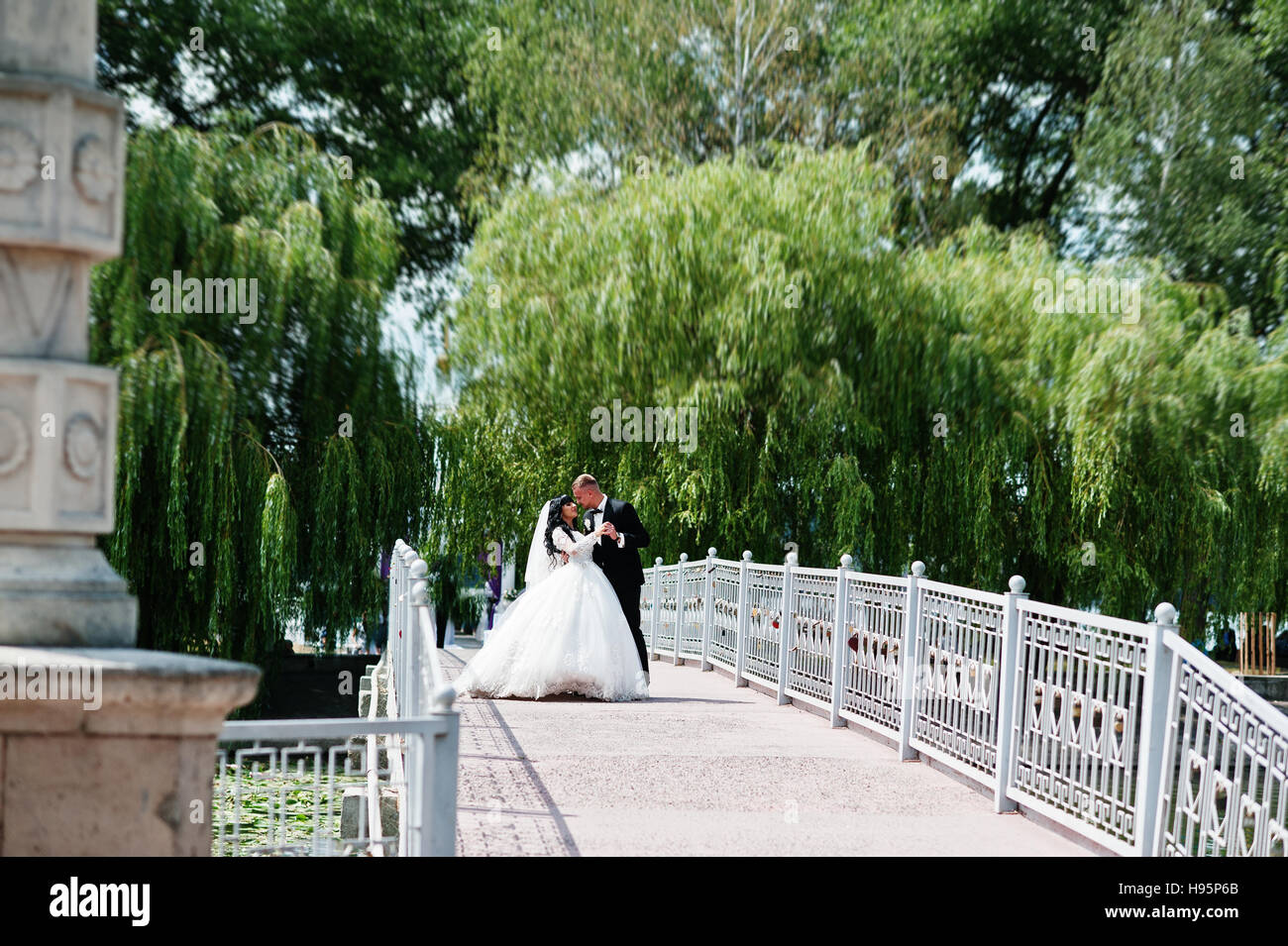 Dancing wedding couple on bridge background island with willow trees ...