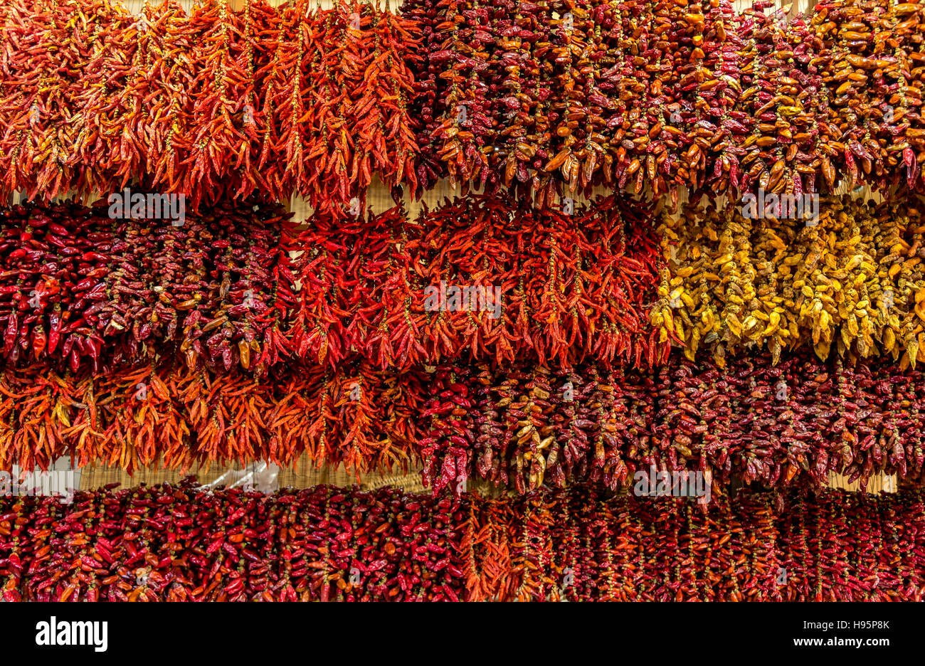 Display of colourful chilies hanging up on a market stall Stock Photo ...