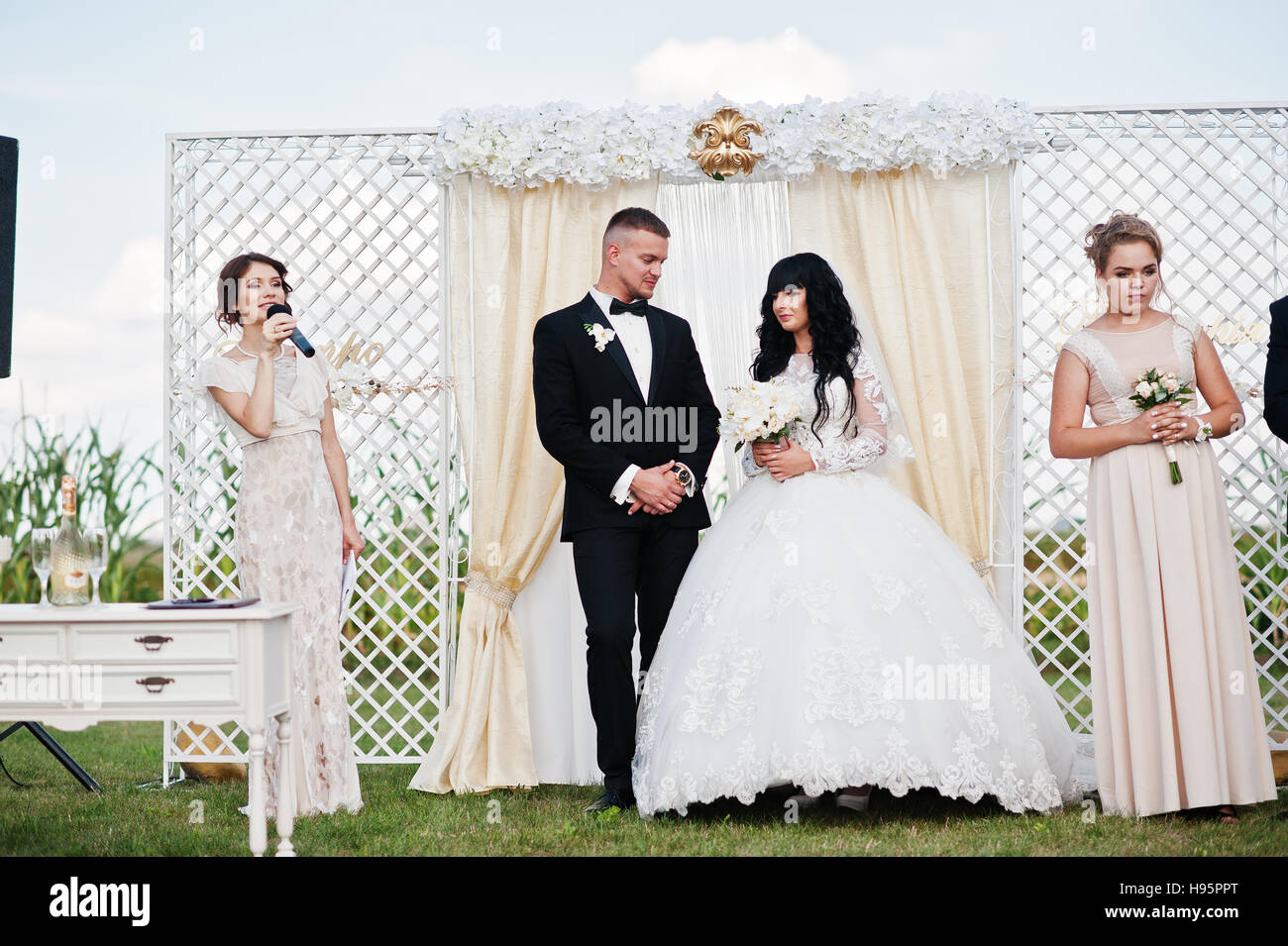 Amazing wedding ceremony with master of ceremonies, wedding couple and ...