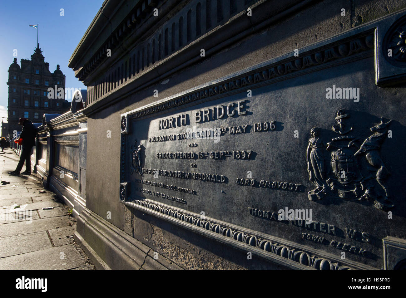 Commemorative plaque on North Bridge, Edinburgh showing the date of ...