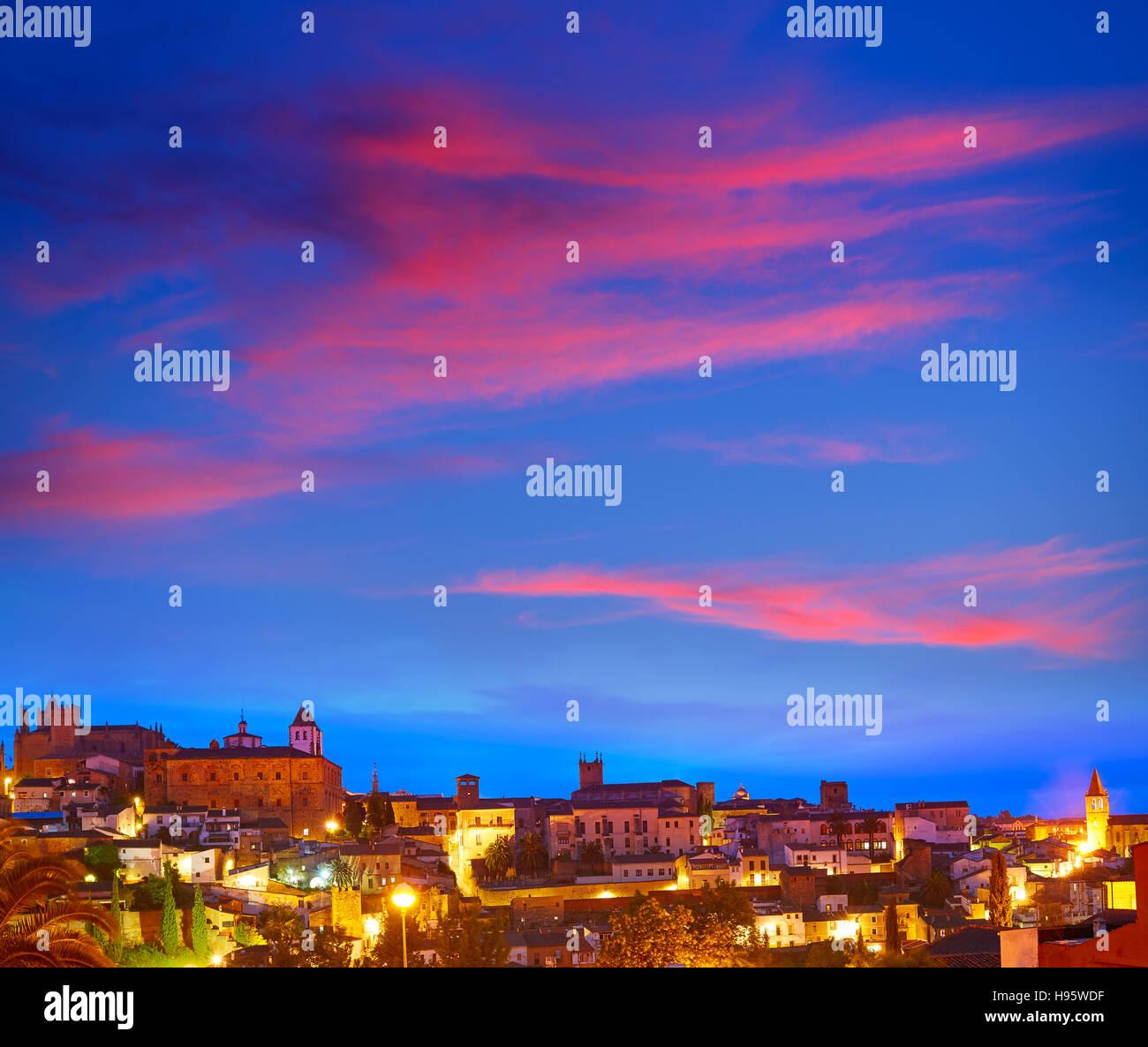 Caceres sunset skyline in Extremadura of Spain by Via de la Plata way ...