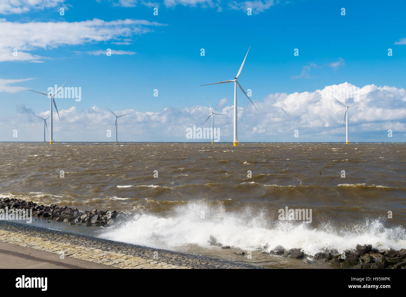 offshore windmill farm in the IJsselmeer at Urk, Netherlands Stock ...