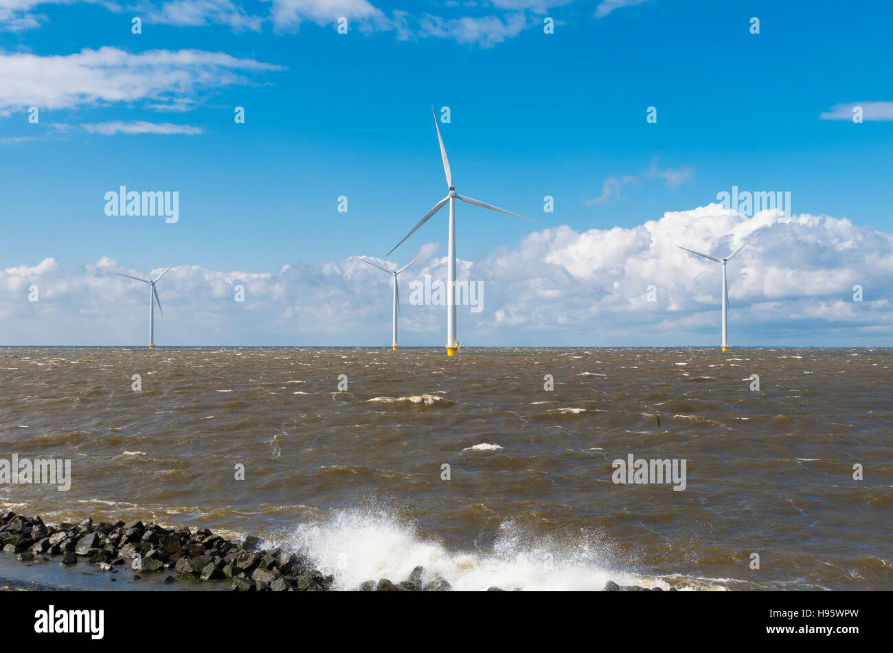 offshore windmill farm in the IJsselmeer at Urk, Netherlands Stock ...