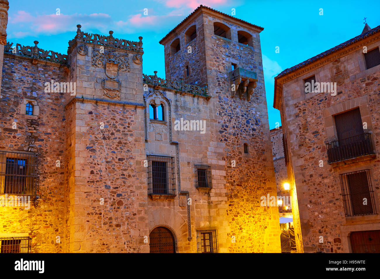 Caceres monumental city at sunset in Extremadura of spain Stock Photo ...
