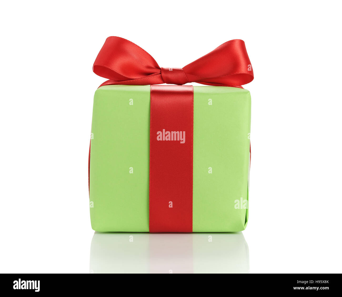 small green gift box with red ribbon bow isolated on white Stock Photo ...