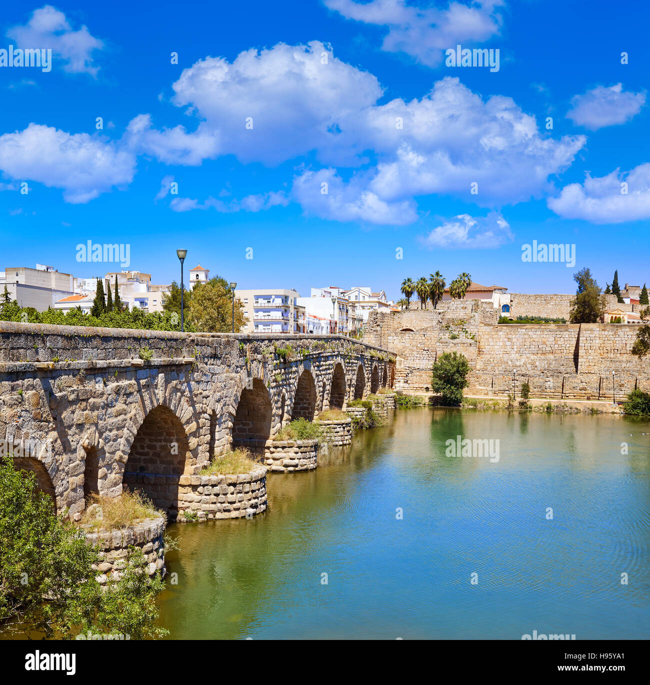 Merida in Spain roman bridge over Guadiana river Badajoz Extremadura ...