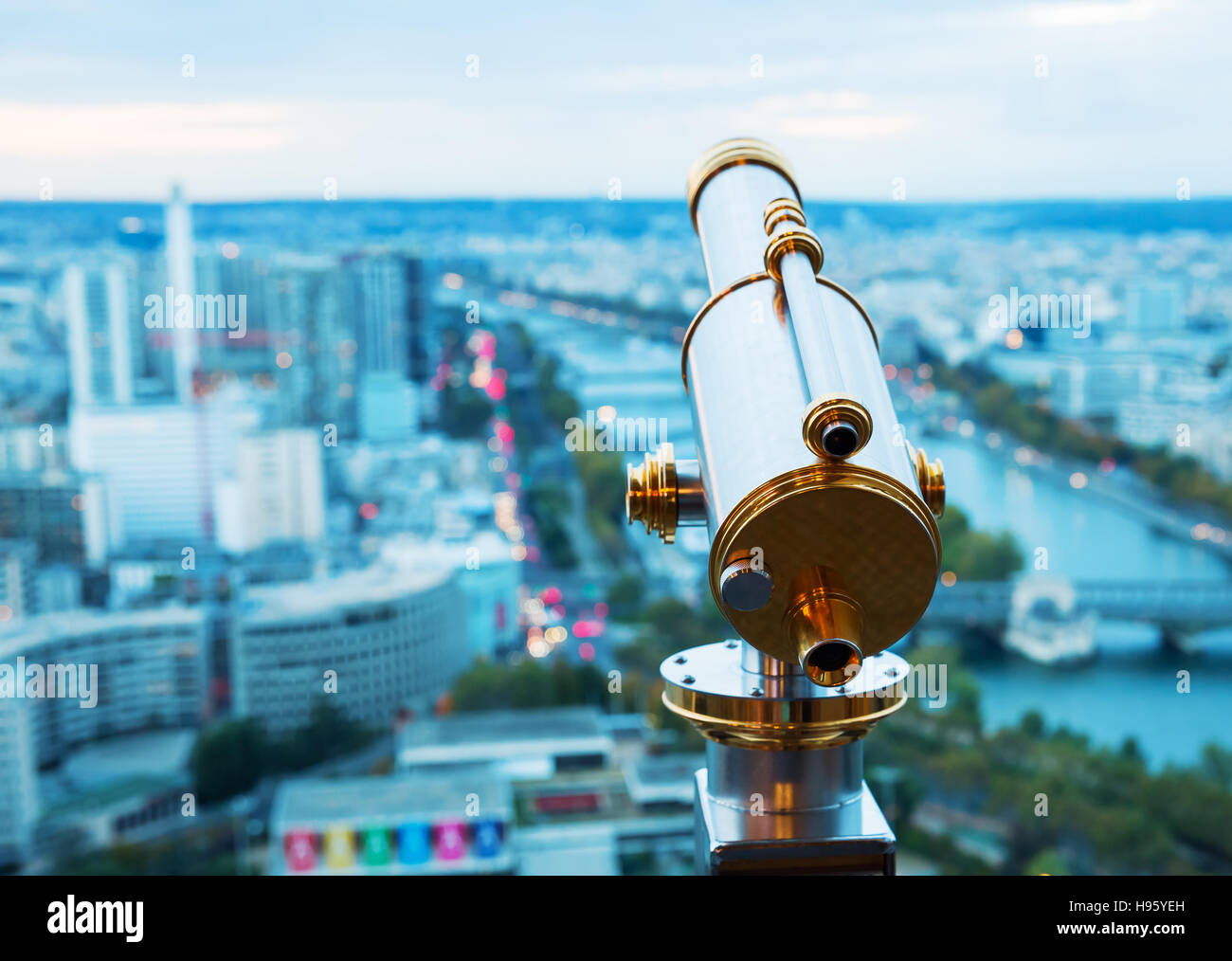 antique telescope with view over Paris, France, at dusk Stock Photo - Alamy