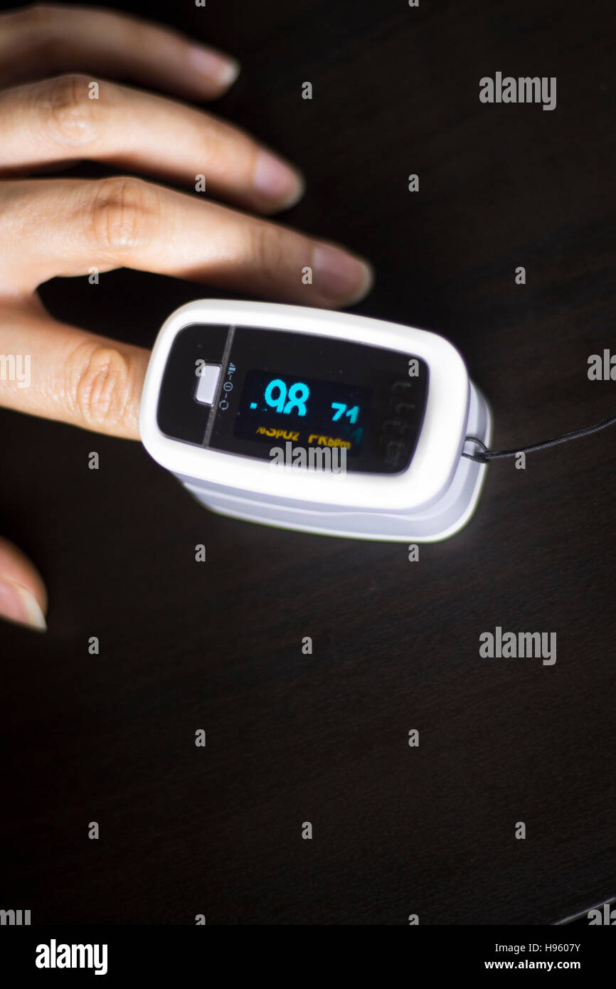 Portable hand held domestic cardiac finger pulse rate meter to show ...