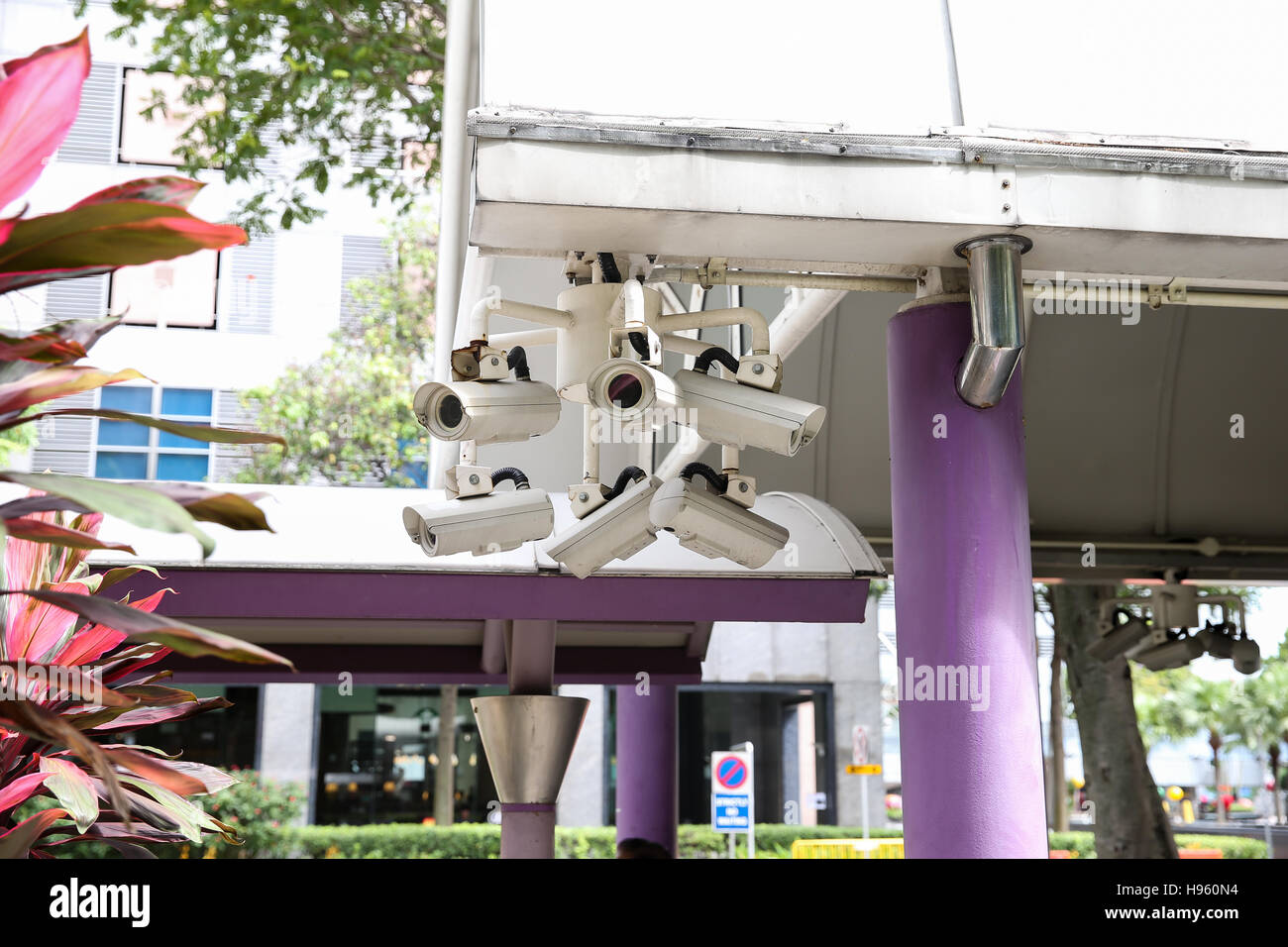 Six video cameras installed on the street are surveillance Stock Photo ...