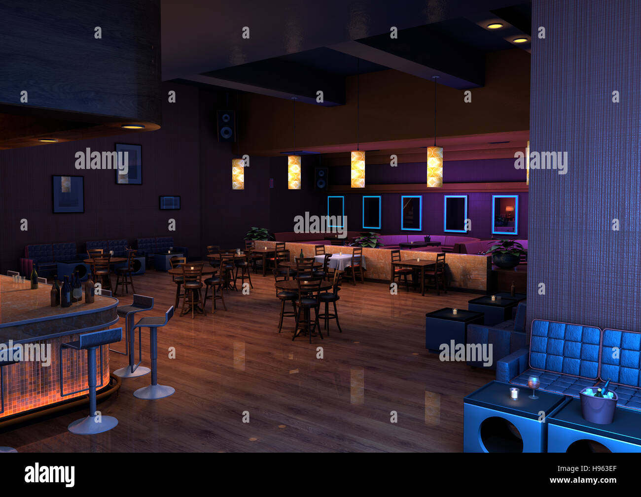 3D rendering of a luxury night lounge bar in a purple light Stock Photo ...