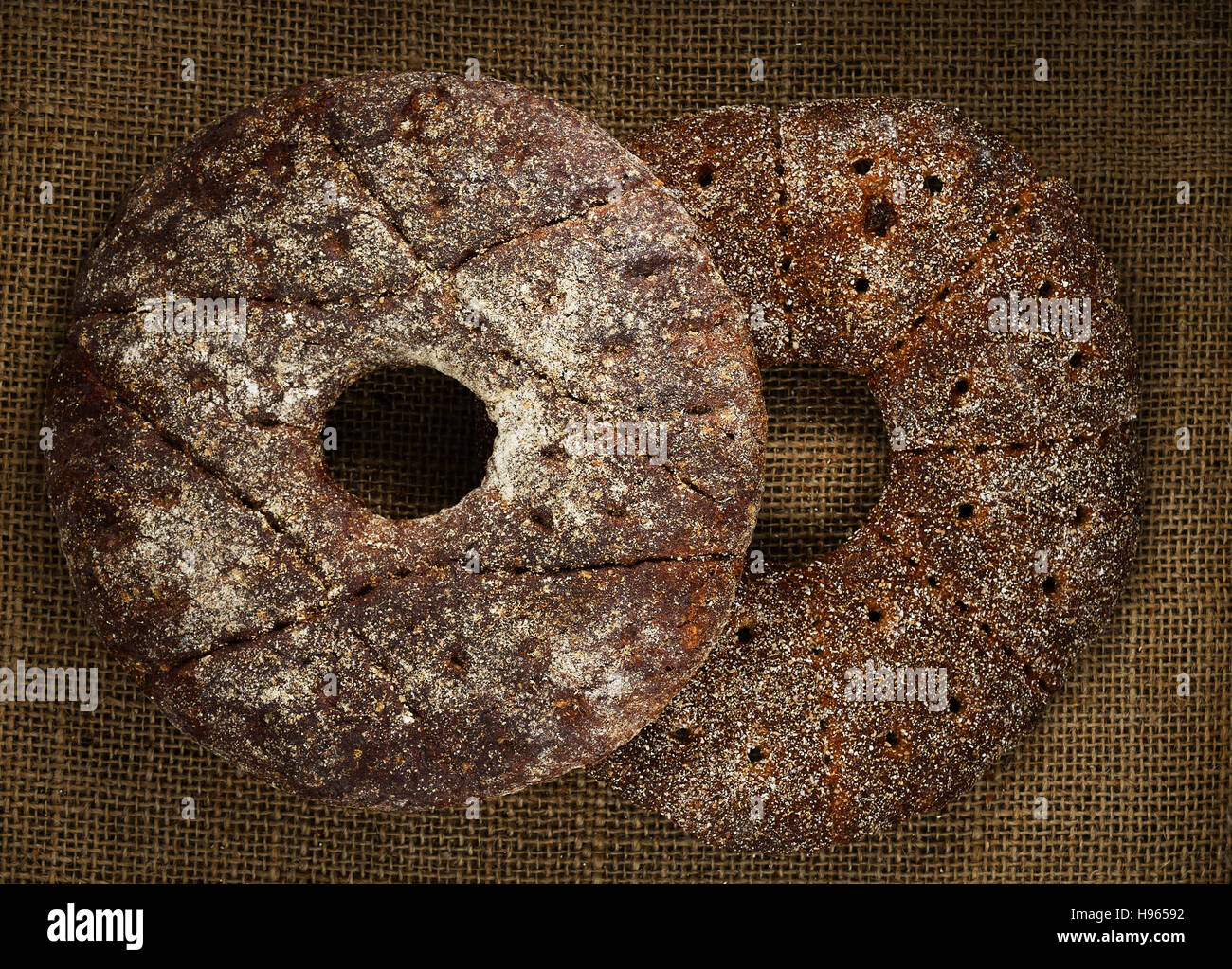 two finnish traditional round ray bread on a sackcloth Stock Photo - Alamy