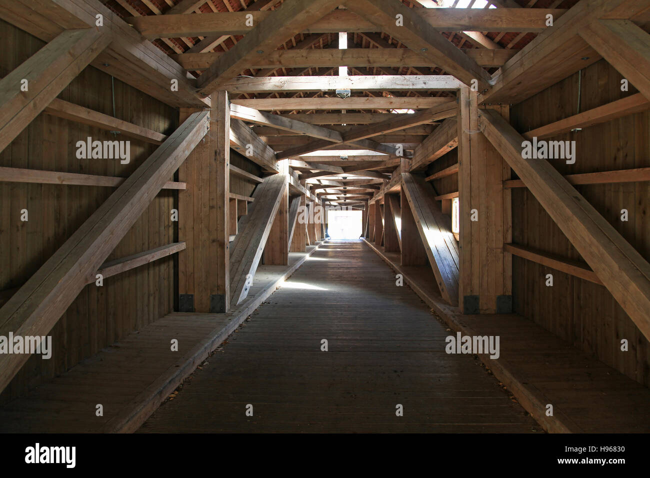 Inside a wooden covered bridge Stock Photo - Alamy