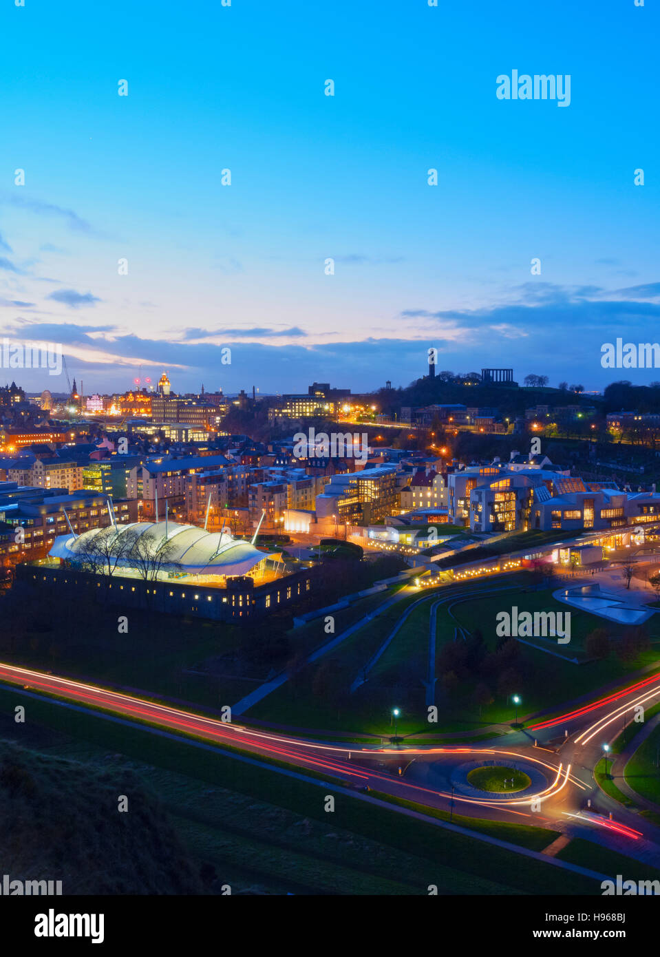 UK, Scotland, Edinburgh, Twilight view towards Our Dynamic Earth ...