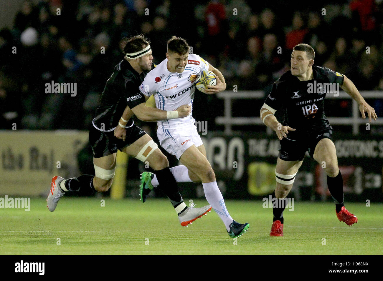 Newcastle Falcons Will Welch tackles Exeter's Ollie Devoto during the ...