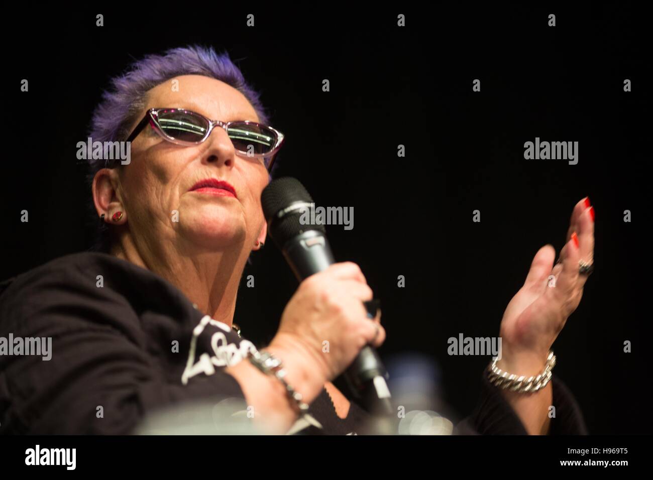 EDITORIAL USE ONLY Model and iconic punk Jordan speaks at a debate on ...