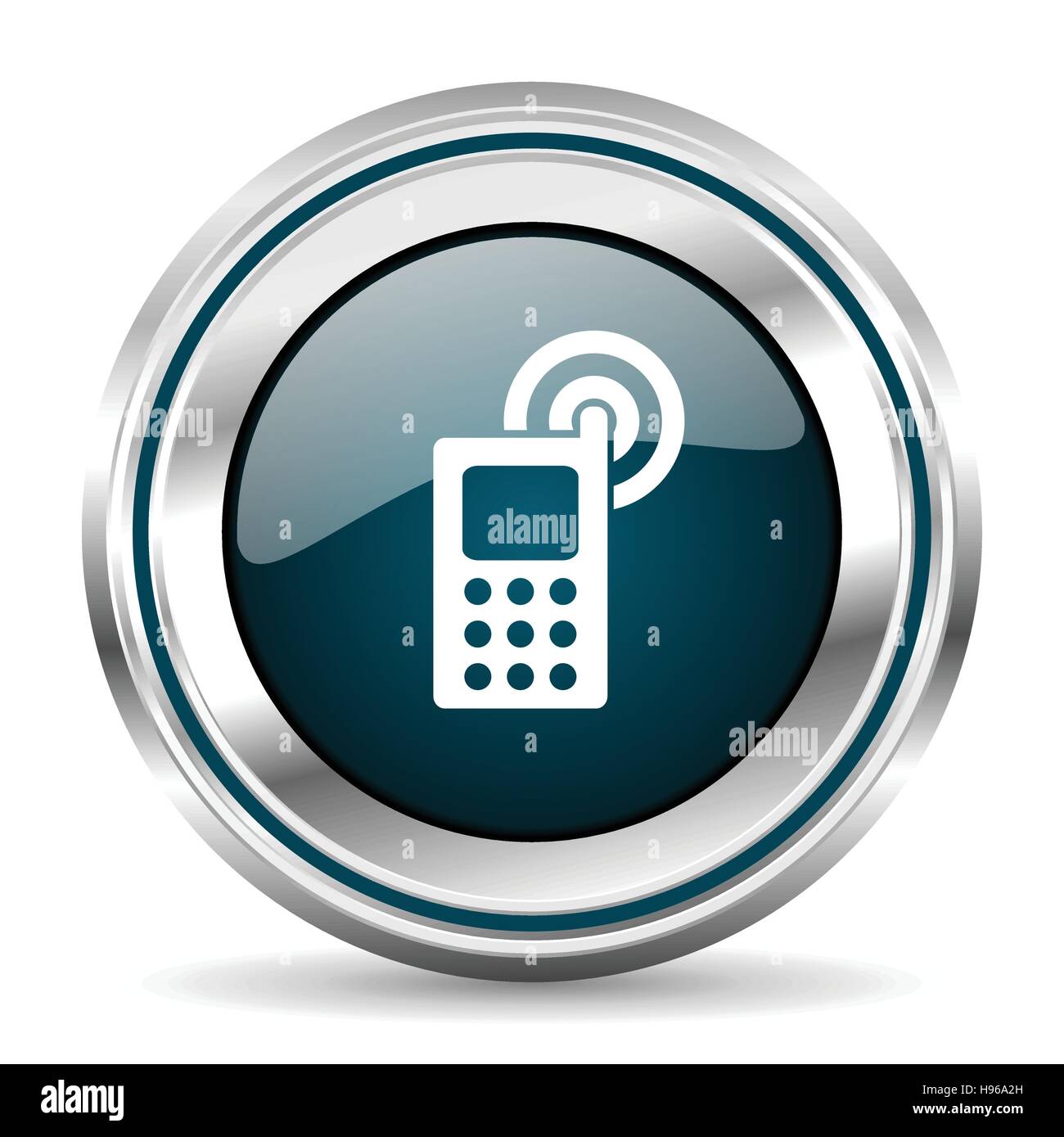 Phone vector icon. Chrome border round web button. Silver metallic ...