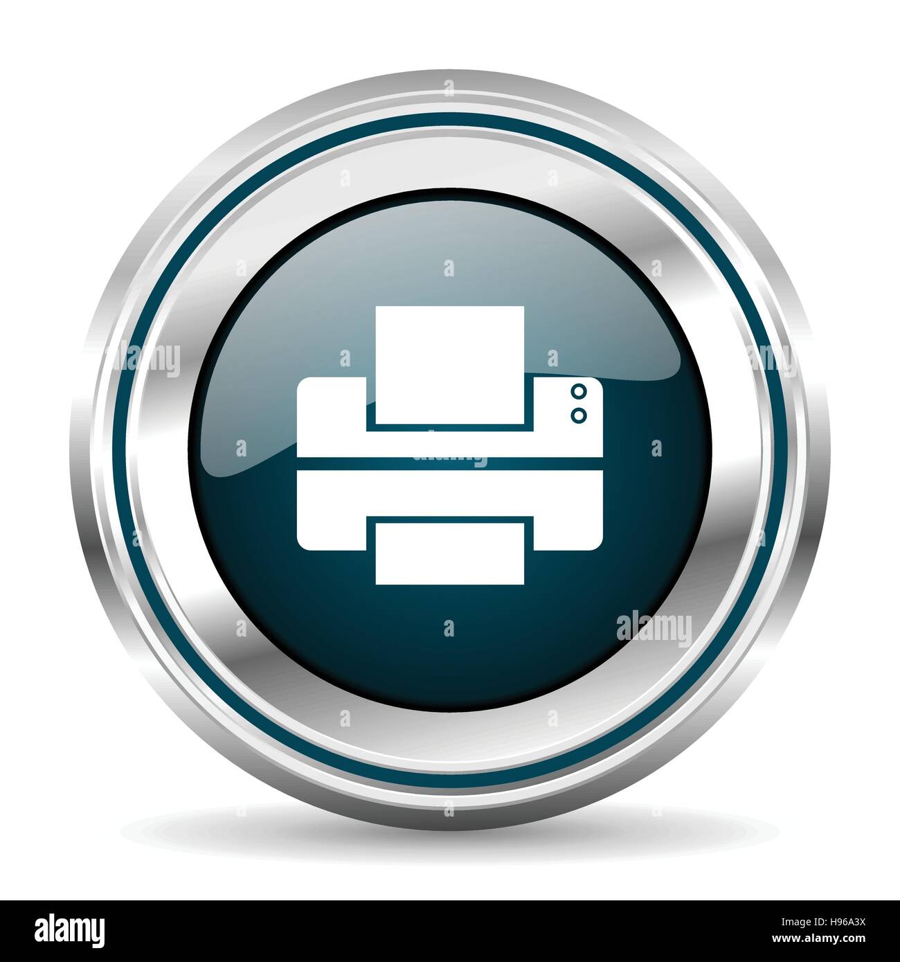 Printer vector icon. Chrome border round web button. Silver metallic ...