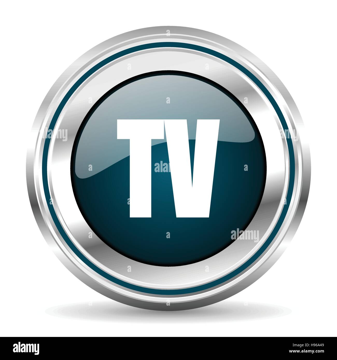 TV vector icon. Chrome border round web button. Silver metallic ...
