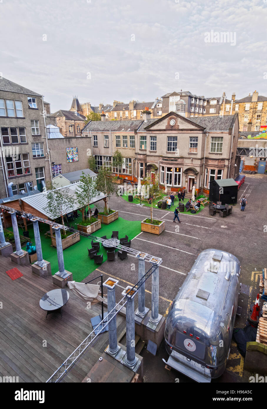 UK, Scotland, Edinburgh, Elevated view of the Summerhall yard with the ...