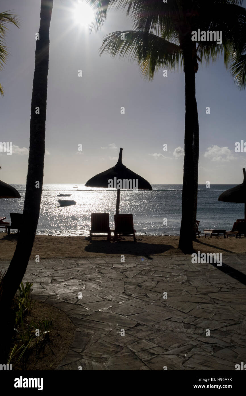 Sun loungers on the beach at Le Meriden Ile Maurice hotel, Pointe aux ...