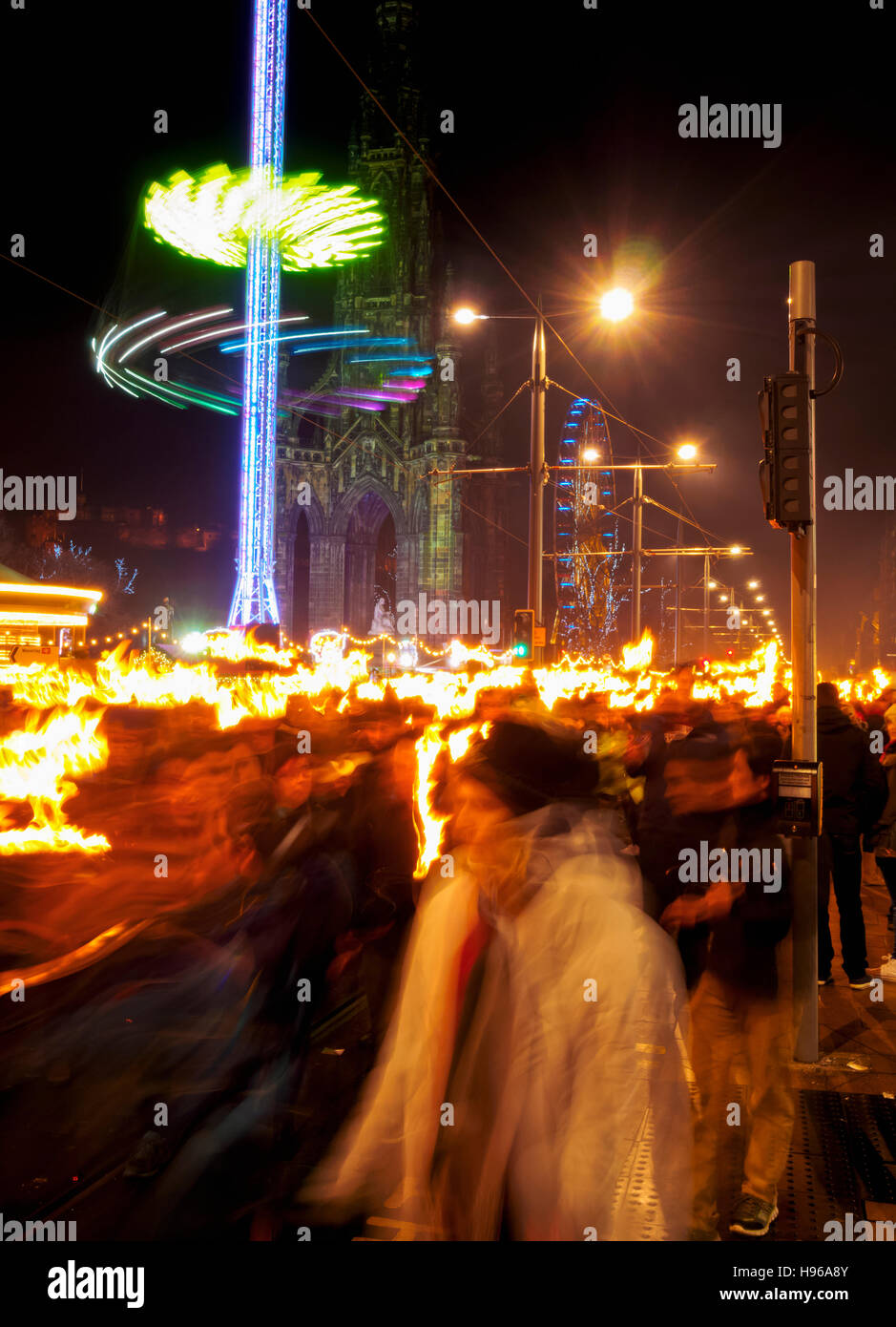 UK, Scotland, Edinburgh, Hogmanay Torchlight Procession on the Princes ...