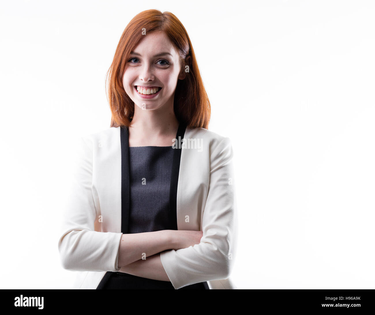 toothy smile of a respectable young woman in an elegant stylish dress ...