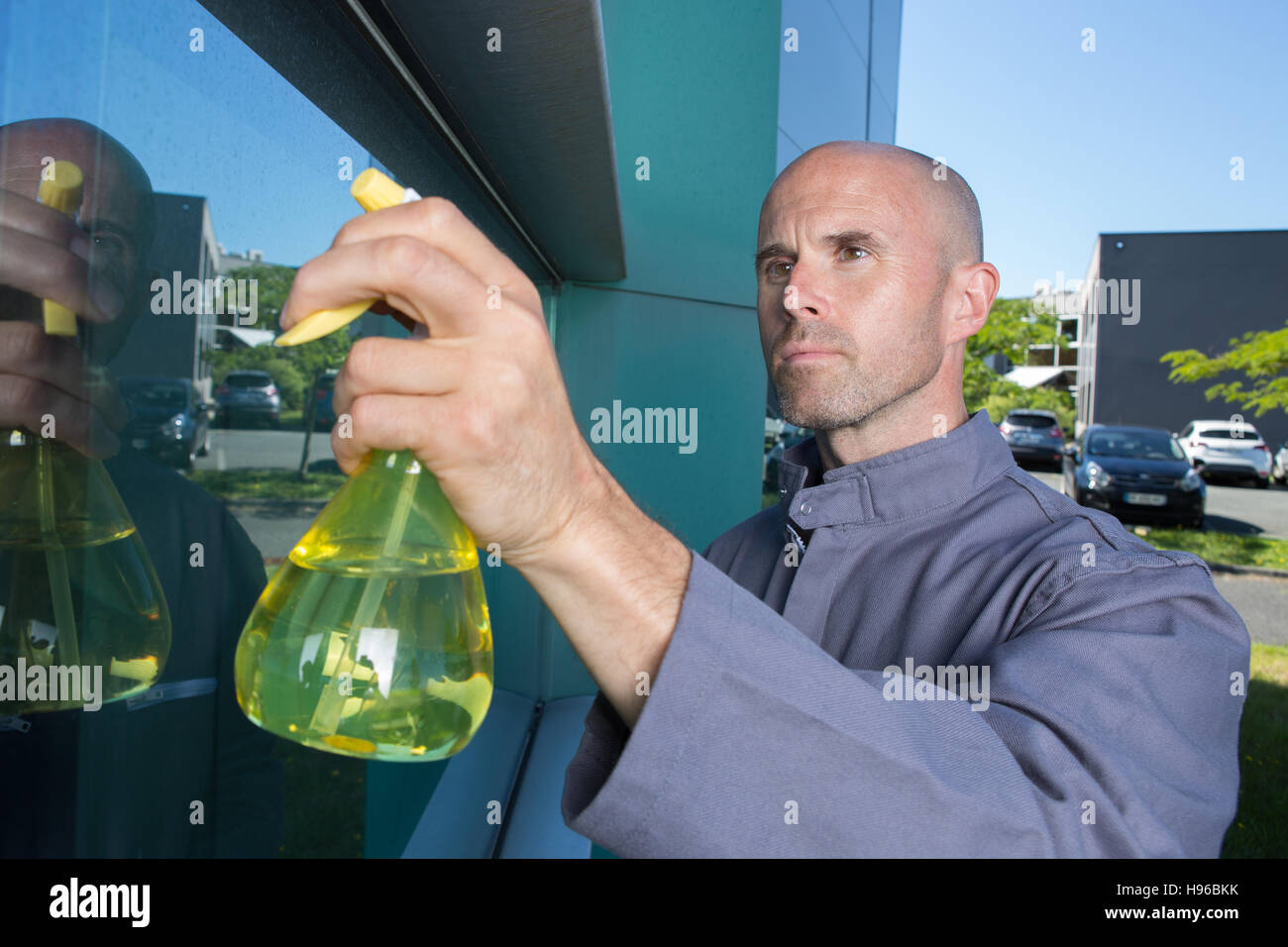 man cleaning window Stock Photo - Alamy