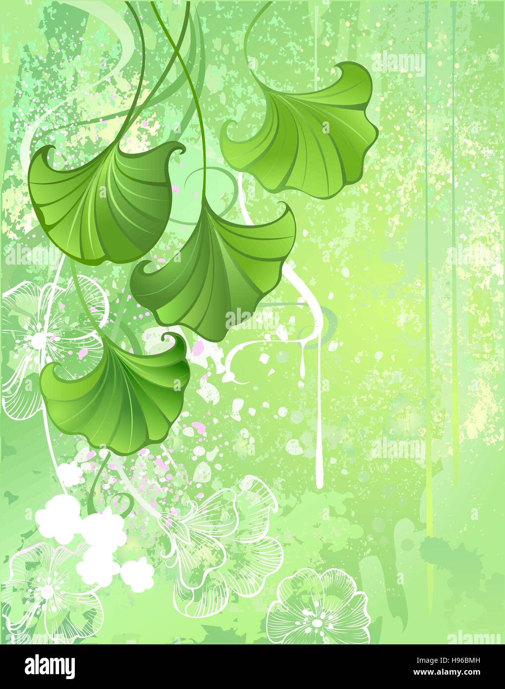 soft, textured, green, spring green background with leaves and white ...