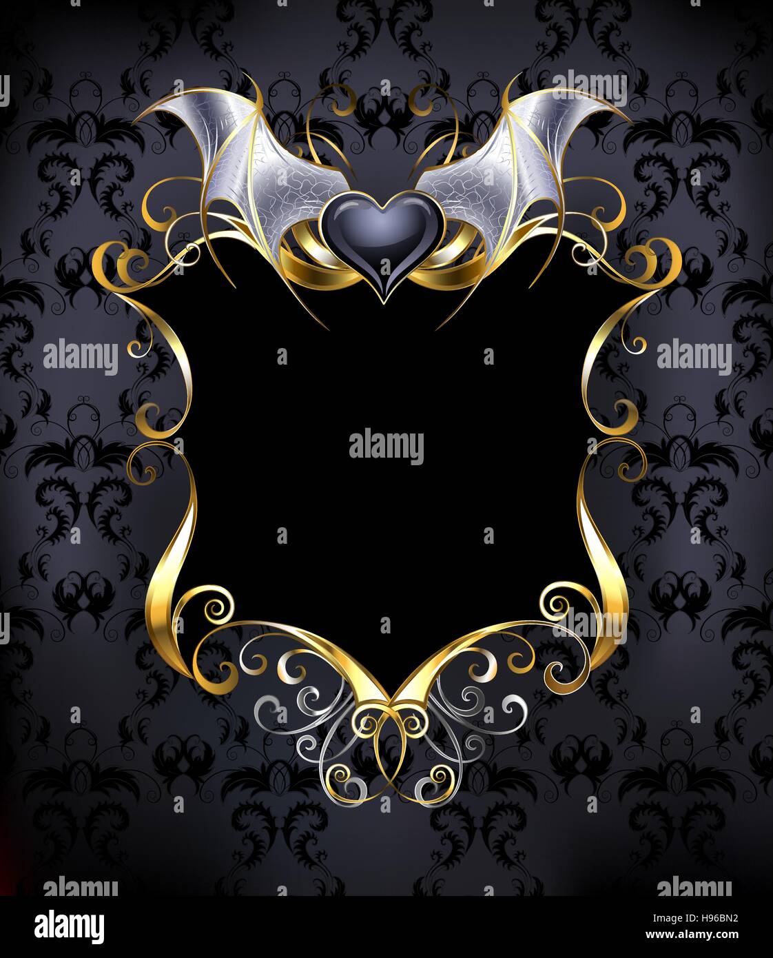 black banner with a gold frame and a black vampire heart on the dark ...