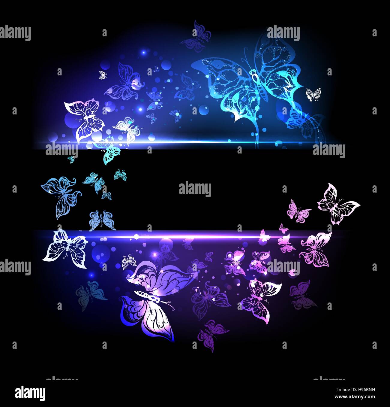 rectangular black banner with glowing colorful butterflies Stock Vector ...
