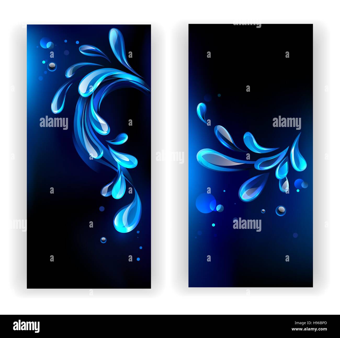 two banners with blue, transparent water droplets on a black background ...
