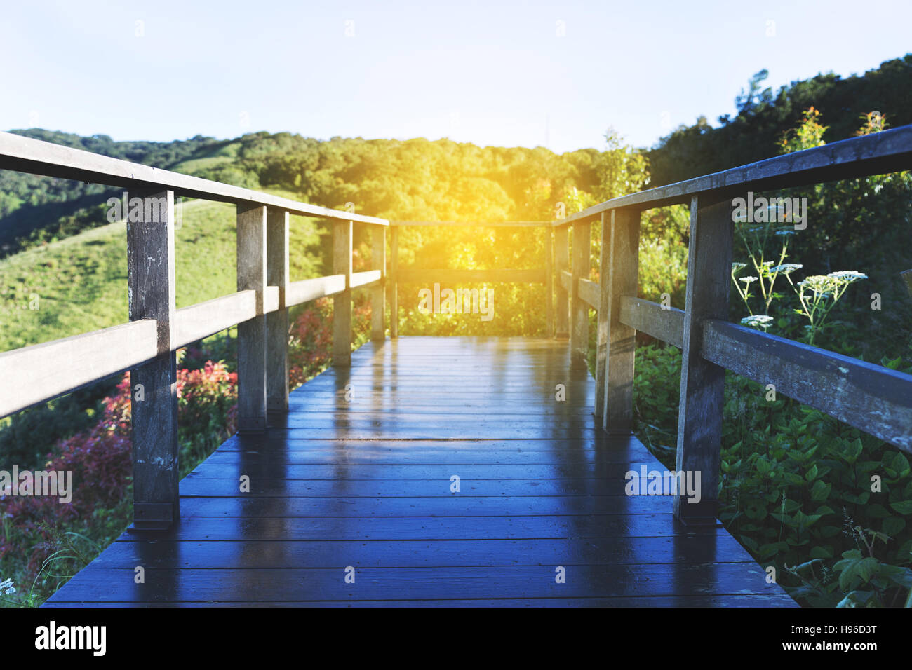 wood balcony terrace with mountain view in morning Stock Photo - Alamy