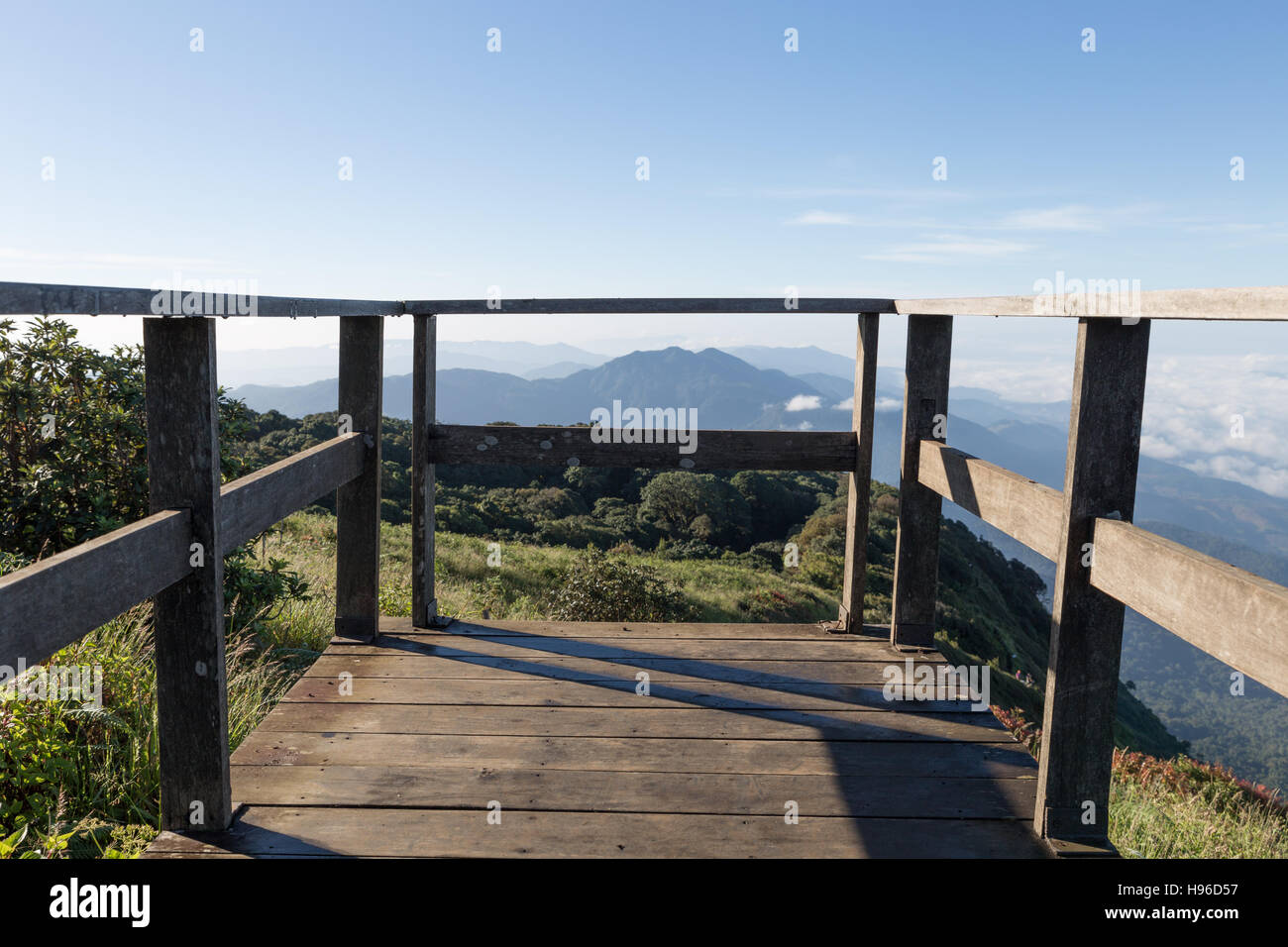 wood balcony terrace with mountain view in morning Stock Photo - Alamy