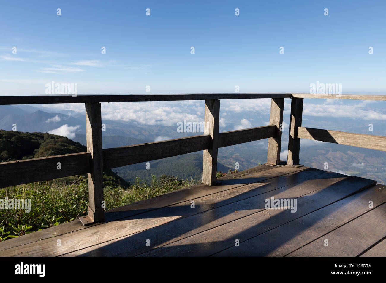 wood balcony terrace with mountain view in morning Stock Photo - Alamy