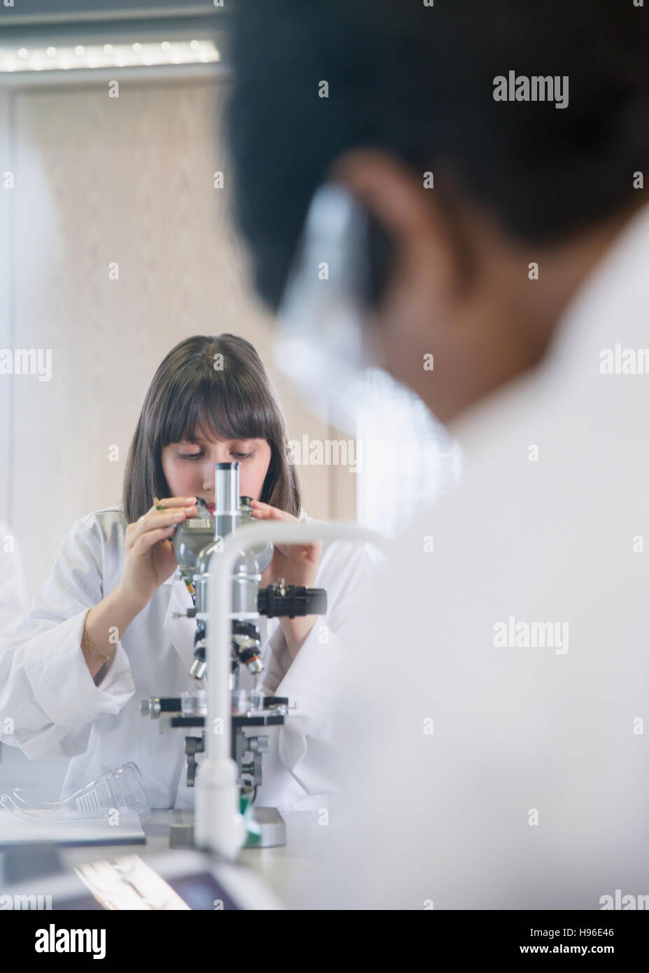 Female college student using microscope conducting scientific ...