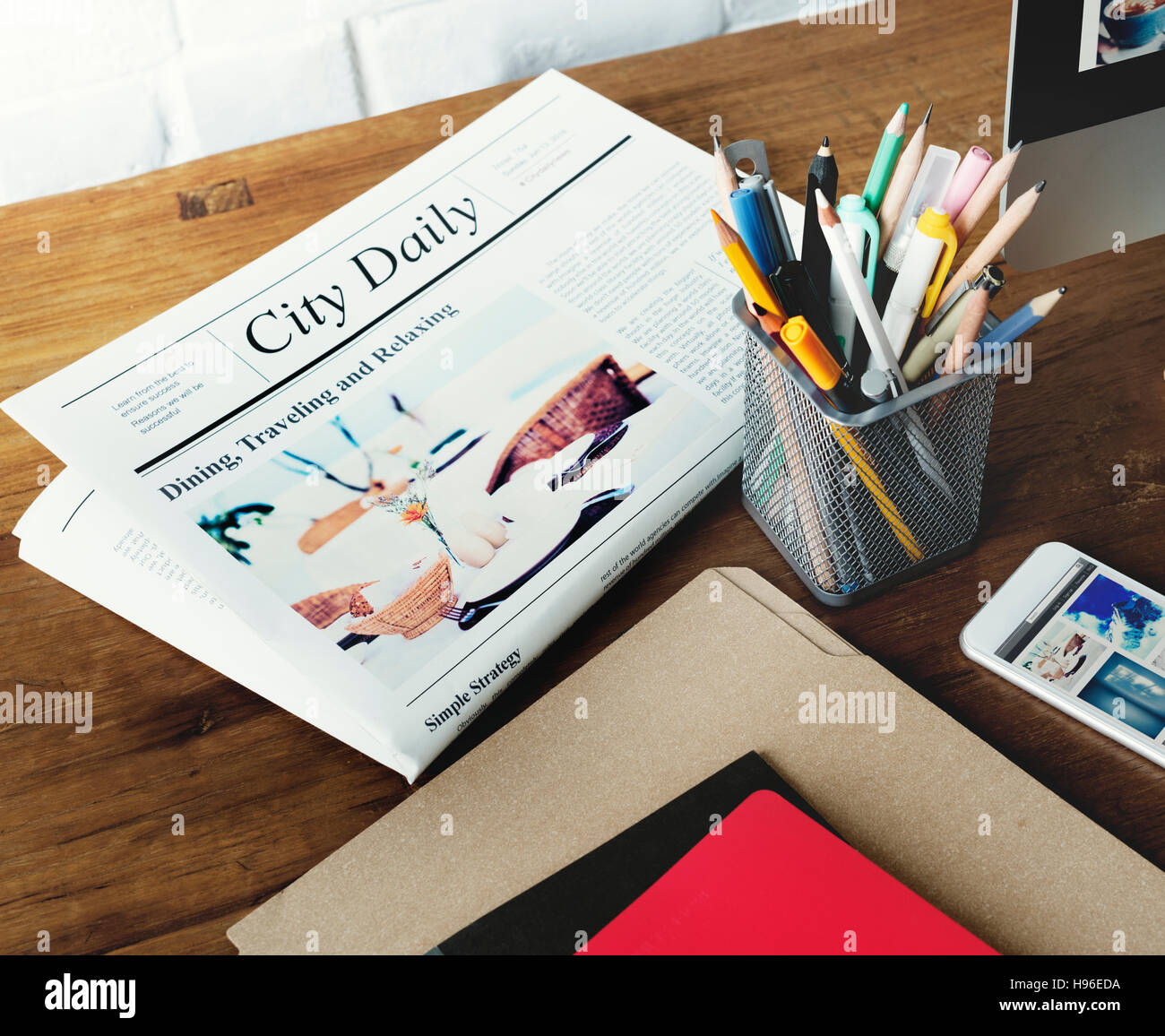Newspaper Pen News Folder Lifestyle Concept Stock Photo - Alamy