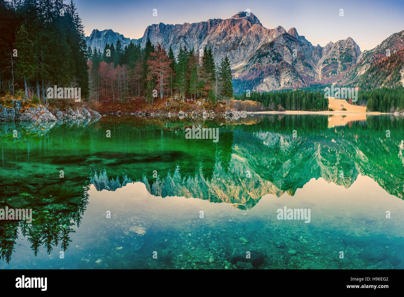Landscape with beautiful lake and mountain, lago di Fusine, Italy Stock ...