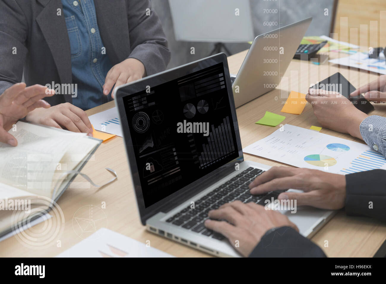 businessmen working with document, digital tablet, laptop computer for ...