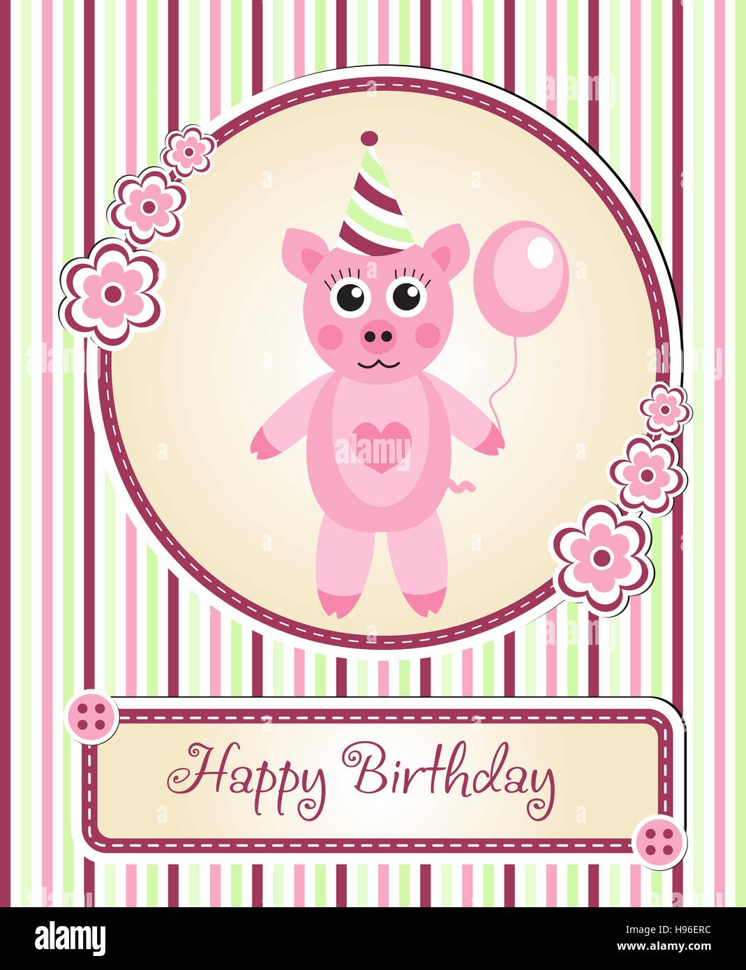 greeting template cute children s birthday party, cartoon pig Stock ...