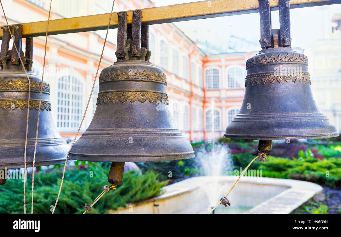 The old monastery bells in Alexander Nevsky Lavra with the fountain on ...