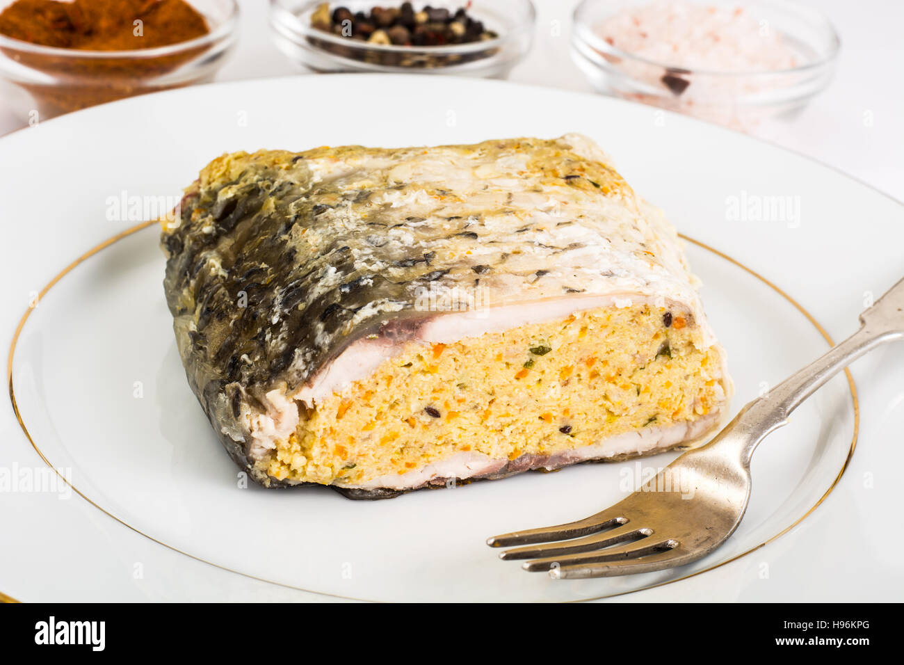 Traditional Jewish passover food gefilte fish with carrots, parsley ...