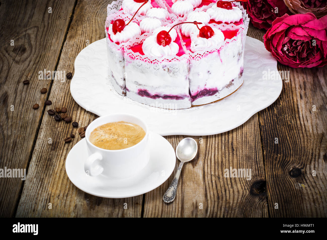 Coffee, Cake with Cream and Cherry. Sweet Food Stock Photo - Alamy